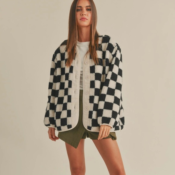 Vici | Jackets & Coats | Sherpa Black And White Checkered Jacket | Poshmark